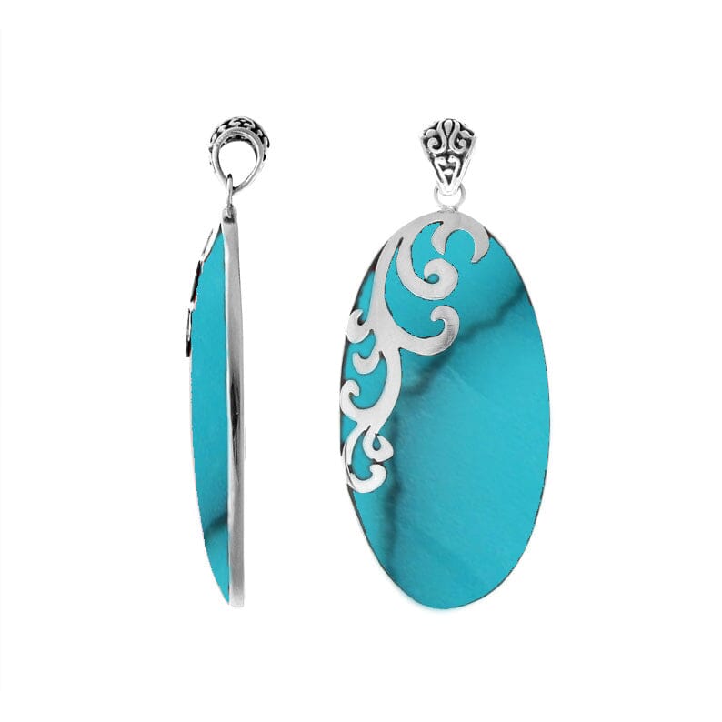 925 Sterling Silver Turquoise Shell Oval Pendant With Scroll Design – Bali Designs Inc