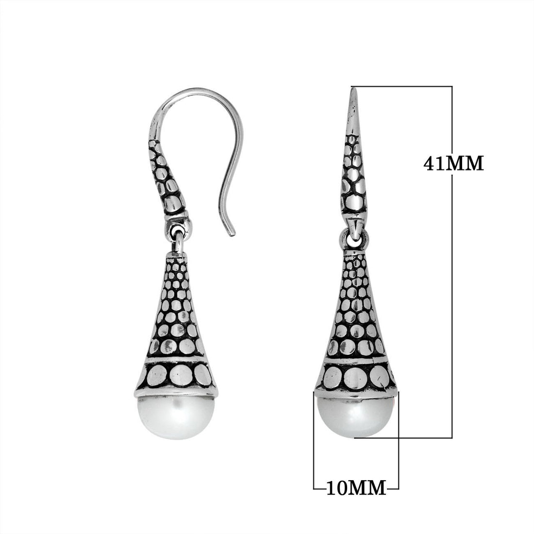 Sterling Silver White Pearl Drop Earrings | Textured Cone Design ...